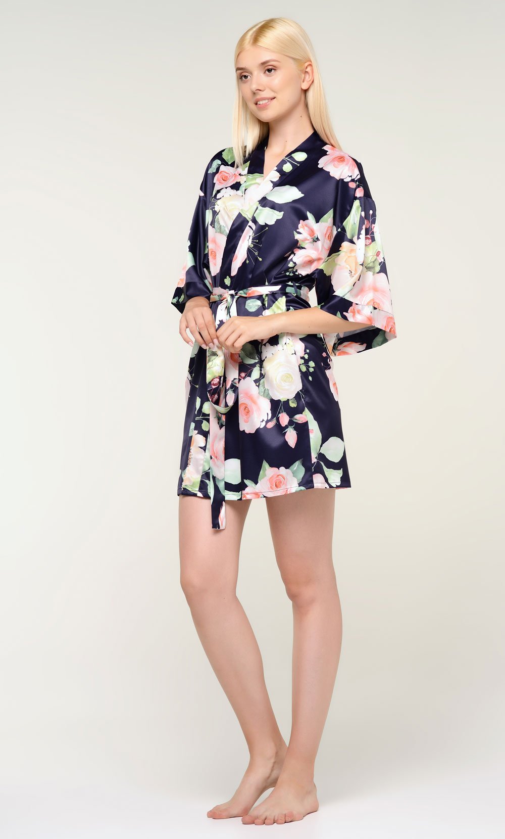 Navy Blue Carmen Silky Satin Kimono Robe | Robemart Wholesale Prices ...
