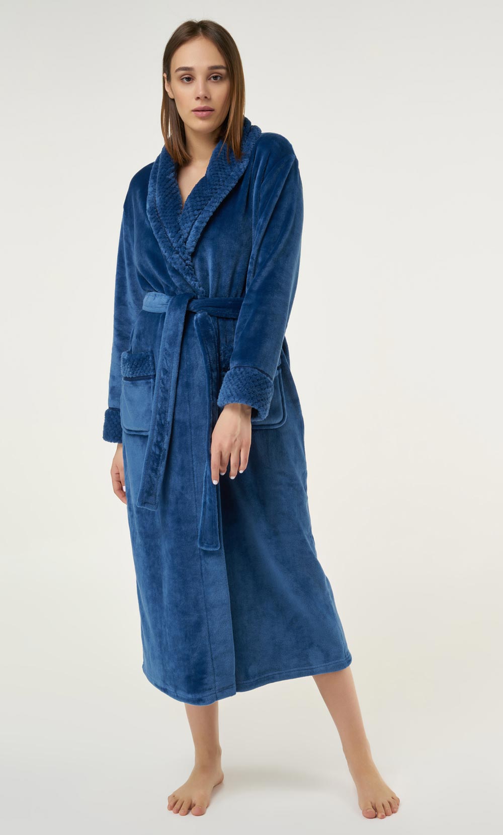 Navy Blue Plush Soft Warm Fleece Womens Robe – RobeMart