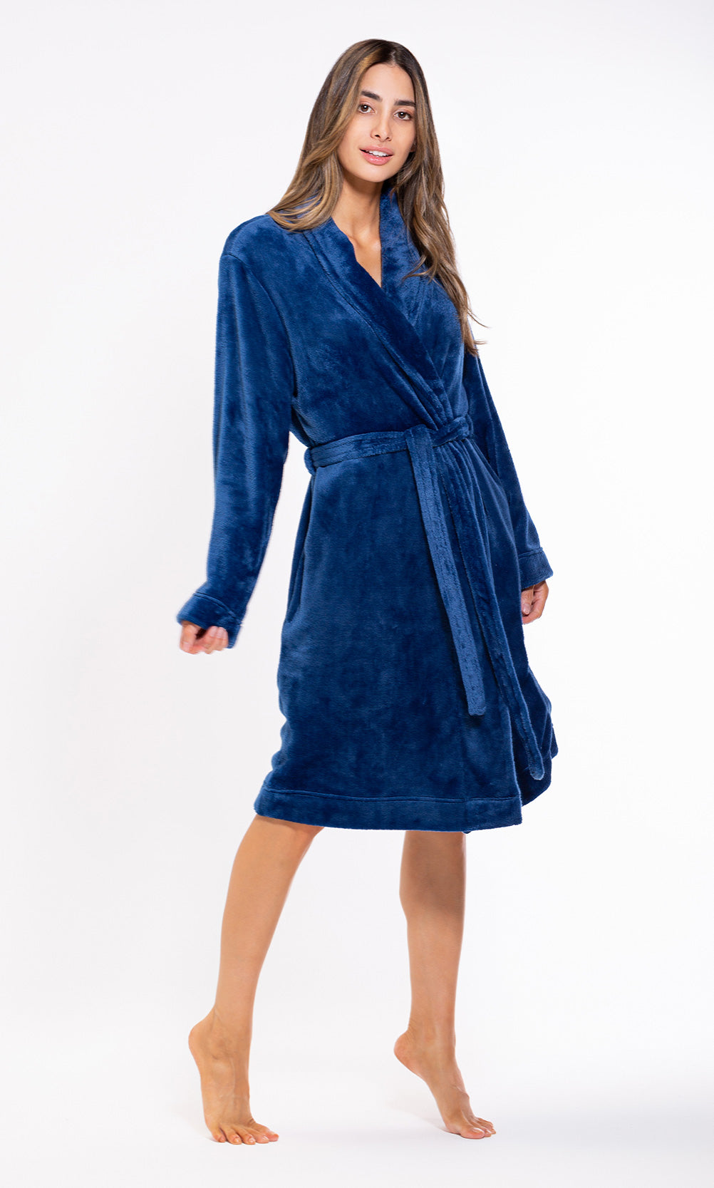 Super Soft Navy Blue Lightweight Plush Shawl Short Women's Robe – RobeMart