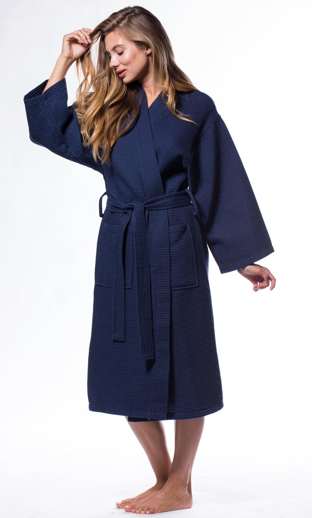 Waffle Kimono Navy Blue Long Robe Square Pattern – RobeMart