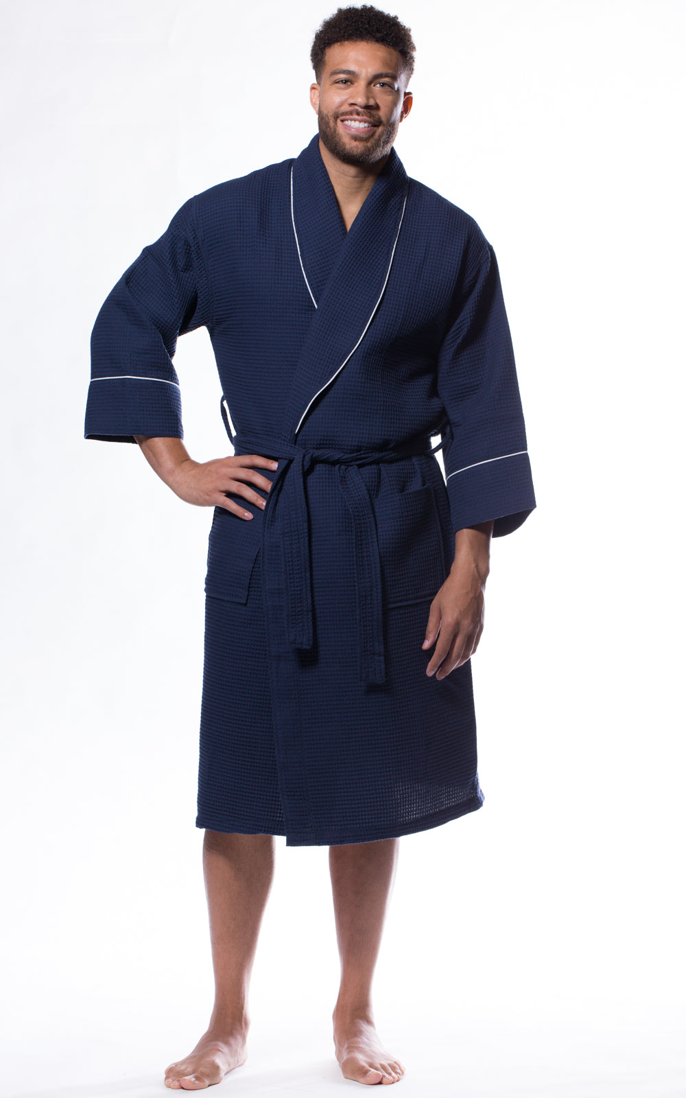 Waffle Shawl Long Robe Square Pattern Navy Blue – RobeMart