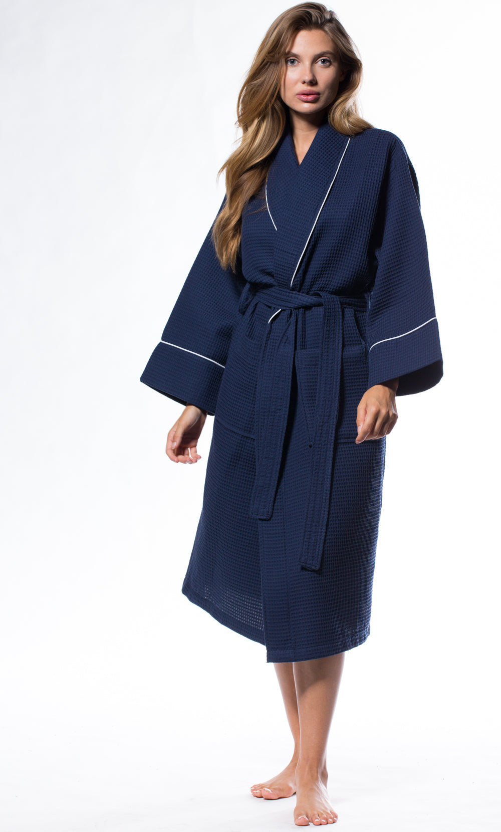 Waffle Shawl Long Robe Square Pattern Navy Blue – RobeMart